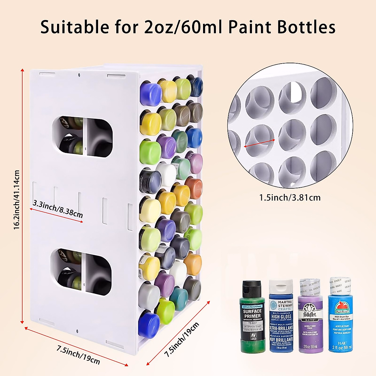 Acrylic Paint Organizer, 2 oz Craft Paint Holder Rack with 72 Holes, 360° Spining Craft Paint Storage Organizer Tower for Apple Barrel, Folkart Desk Organizer