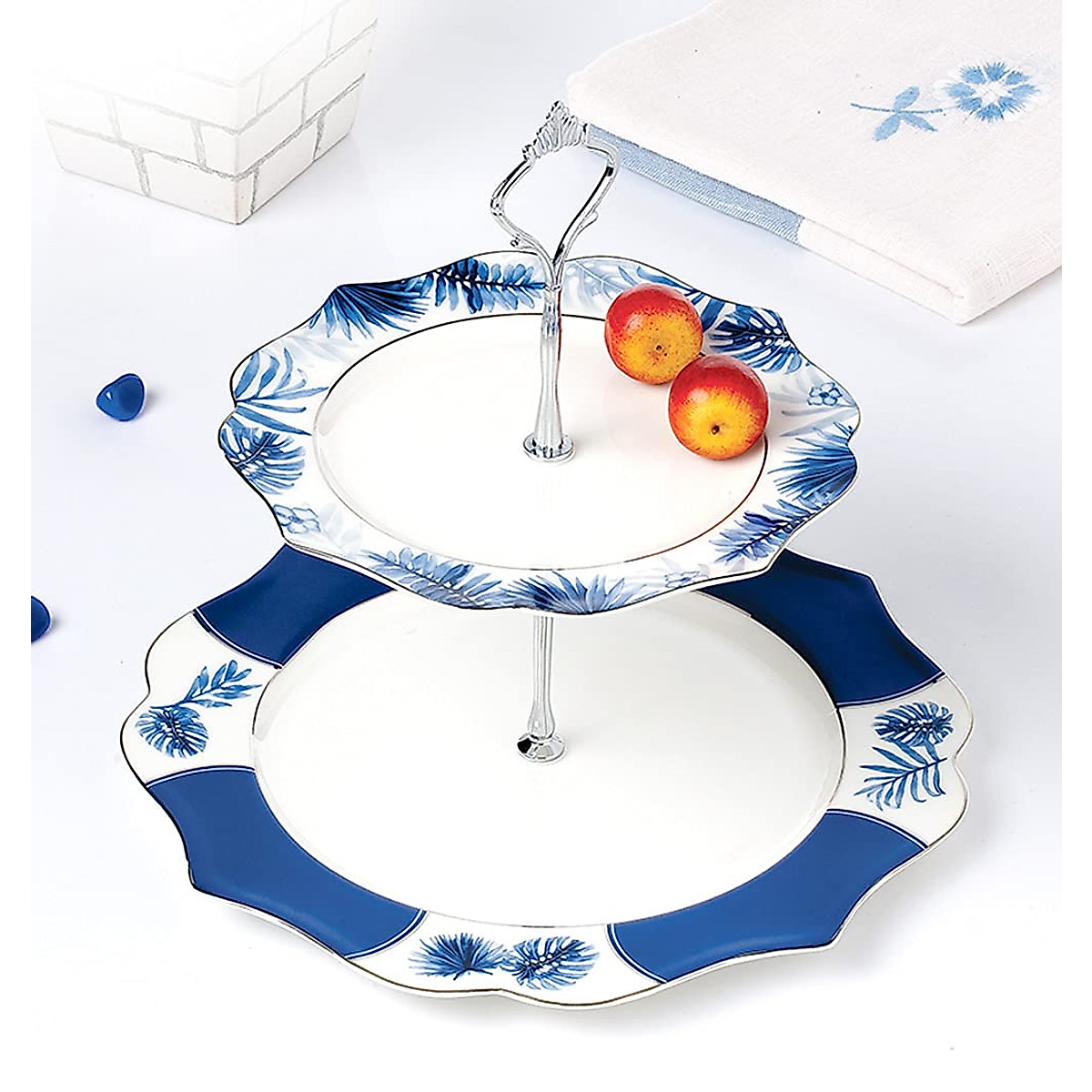 Linlins Fine Bone China 2-Tier Cake Stand/Blue Tropical Plant Cupcake Stand/Pastry Serving Cake Stand