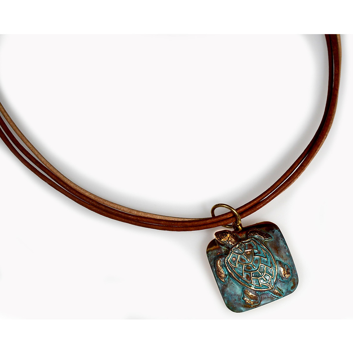 Elaine Coyne Collectible Artwear Verdigris Patina Solid Brass Large Sea Turtle Pendant on Triple Rawhide - USA Made