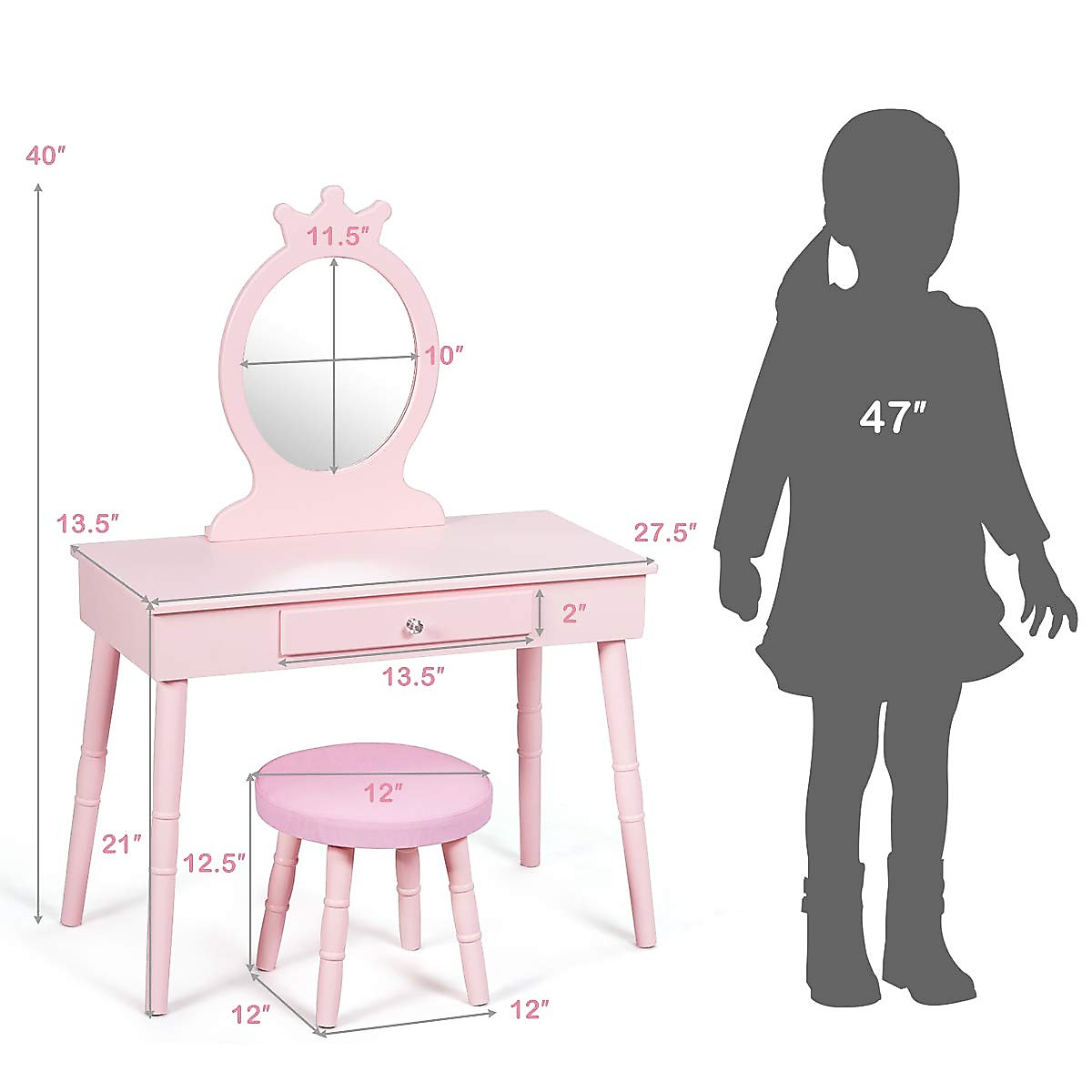 GOFLAME Kids Vanity Set, Princess Dressing Table Set, Wooden Dresser, Little Girls Makeup Table and Stool Set, Pretend Beauty Play Set with Real Mirror, Pull-Out Drawer and Cushioned Stool (Pink)