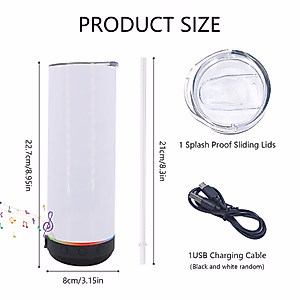 HIZEE 20 oz 1 pack Sublimation Tumbler Blank Bluetooth Music Speaker with Straw and Lid,Skinny Straight Stainless Steel Sublimation Cup Detachable Speaker Suitable for Travel Gifts
