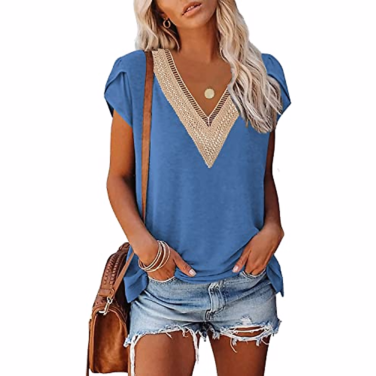 MixShe Womens Tops Puff Short Sleeve Shirts Summer Clothes V Neck Tshirts Spring Ladies Tunics Dressy Casual Blouses Trendy Fashion Tees 2023 Blue X-Large