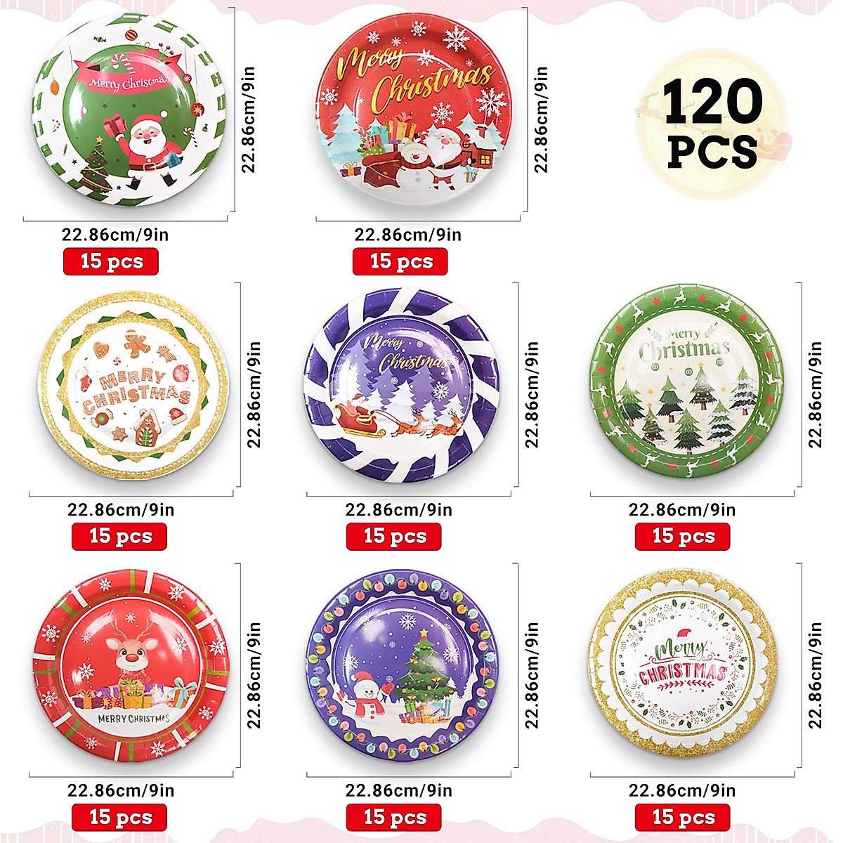 CONEHOY 120 Pcs Christmas Paper Plates Round 9 In Disposable Tableware Sets Santa Snowman Christmas Tree Design Holiday Tableware for Winter Dinner Dessert Birthday Christmas Party Supplies