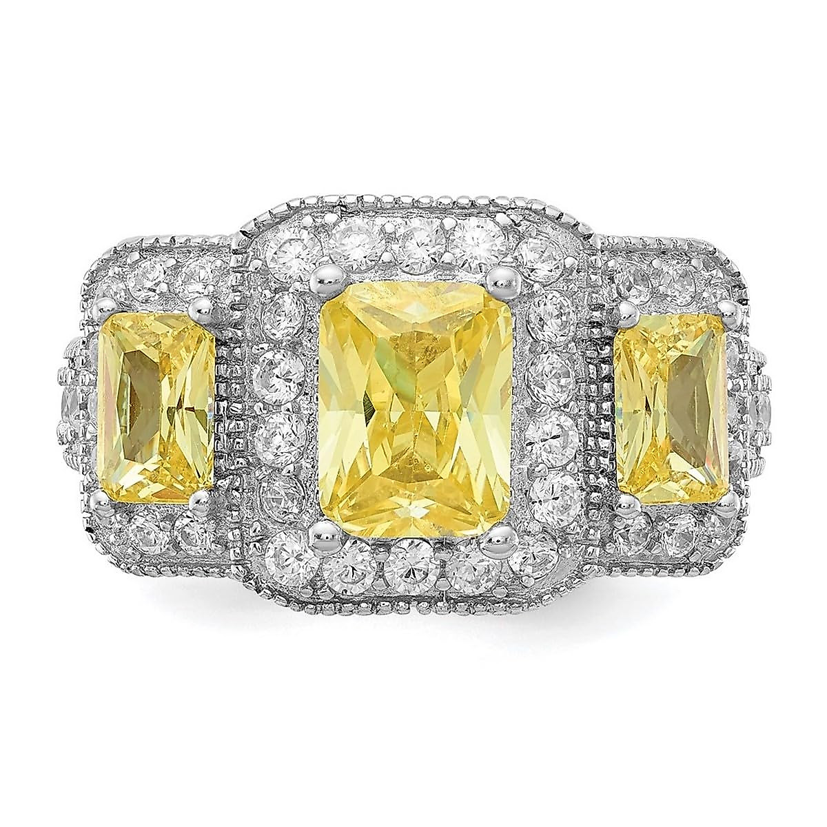 925 Sterling Silver Step Cut Radiant Cut Canary and White CZ Cubic Zirconia Simulated Diamond 3 stone Ring Size 7 Measures 13.25mm Wide Jewelry for Women