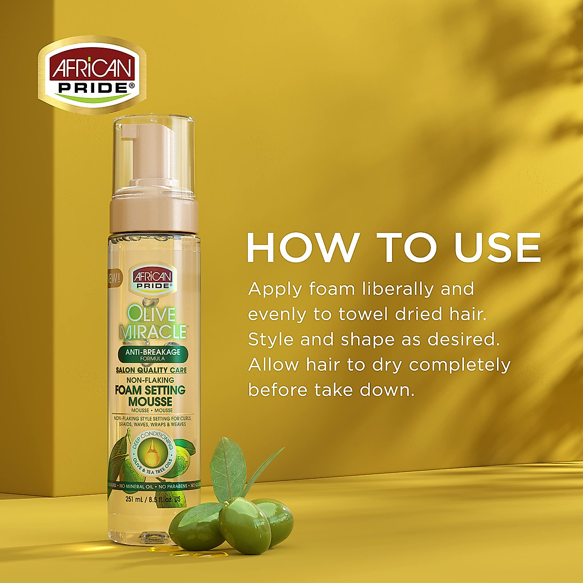 African Pride Olive Miracle Non-Flaking Foam Setting Hair Mousse, Long-Lasting Frizz & Shine Control for Curls, Braids, Weaves, Wigs, Waves & Wraps, 8.5 oz