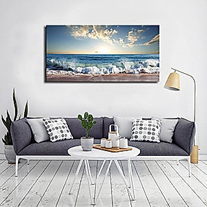 Ocean Canvas Wall Art Beach Sunset Waves Coast Nature Pictures Modern Artwork Blue Ocean Contemporary Canvas Art Giclee Prints Summer Season Painting Framed Ready to Hang for Home Decoration 20" x 40"