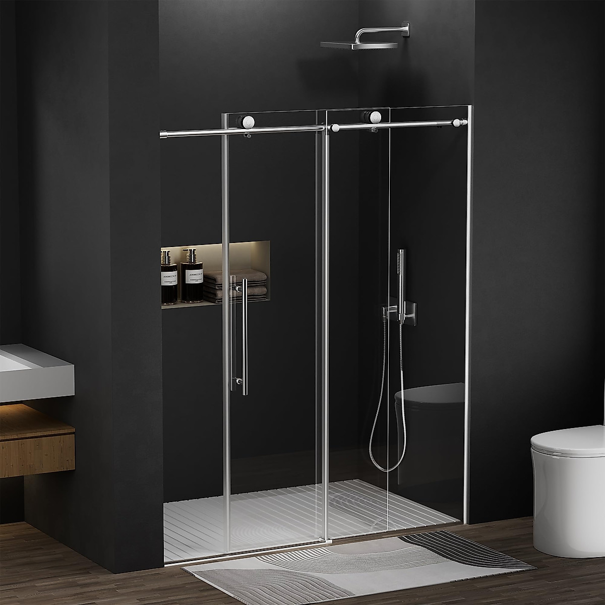 Frameless Sliding Shower Door 56-60 in W x 75 in H,Frameless Shower Door with 5/16" (8mm) Clear Tempered Glass,Silent Soft-Close Design,Brushed Nickel