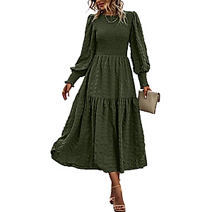PRETTYGARDEN Women 2024 Puff Long Sleeve Crewneck Smocked Maxi Dress Solid Empire Waist Tiered A-line Swing Flowy Long Dress(Army Green,X-Large)