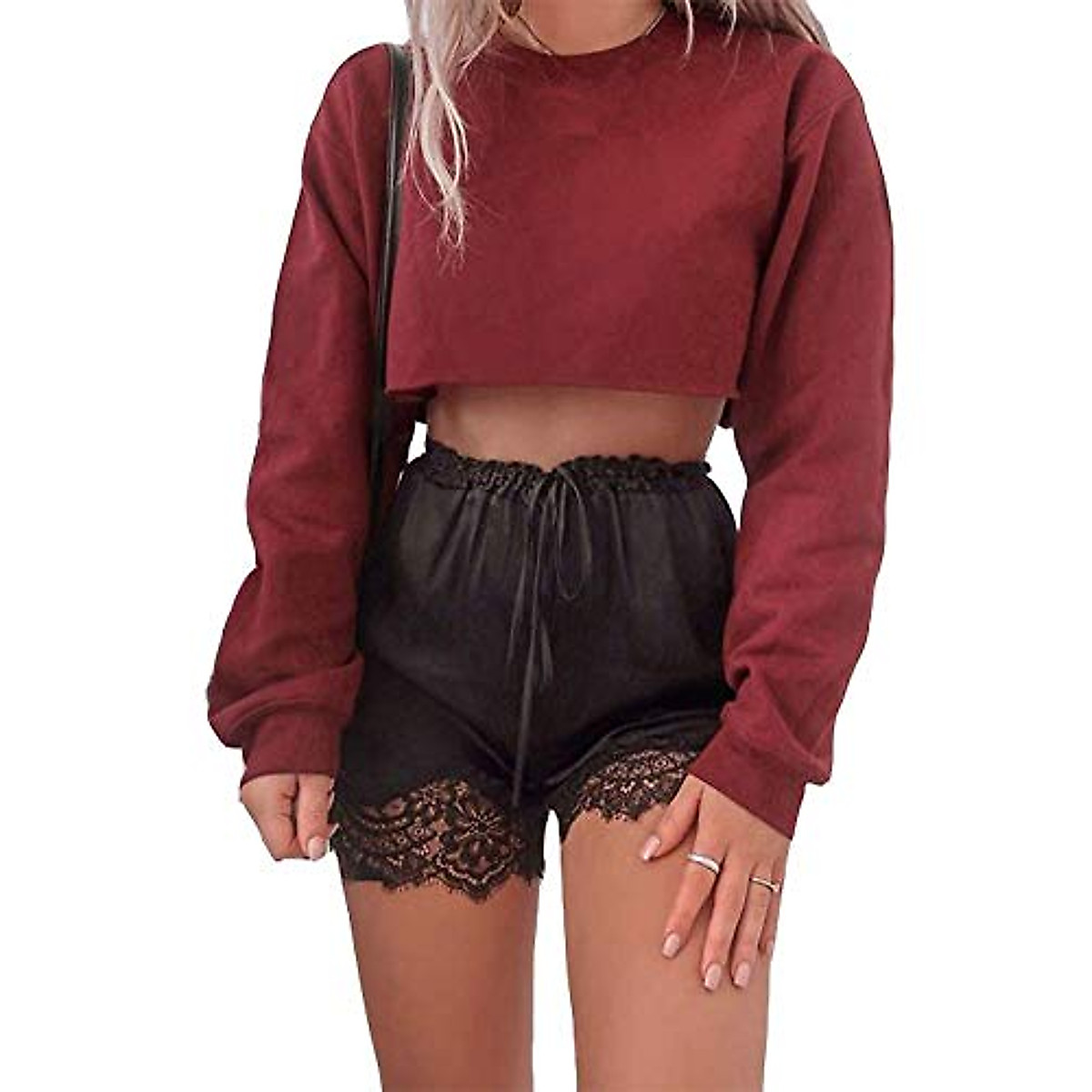 Artfish Women's Crewneck Long Sleeve Crop Tops Workout Casual Pullover Loose Sweatshirts Maroon Burgundy Christmas Red M
