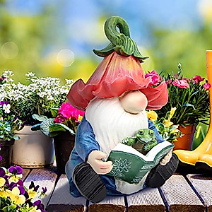 Sinhra Garden Gnome Statue-Resin Gnome Figurine Hugging Turtle Reading Book with Solar LED Lights，Outdoor Summer Decorations for Patio Yard Lawn Porch,Garden Ornament Gift