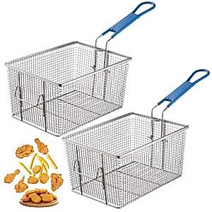 2PCS Deep Fryer Basket, 11.02"×7.87"×5.71", Stainless Steel Fry Basket with Non-Slip Handle, Sturdy Square Food Strainer for Home and Heavy Duty Nickel Plated Iron Construction Commercial Use