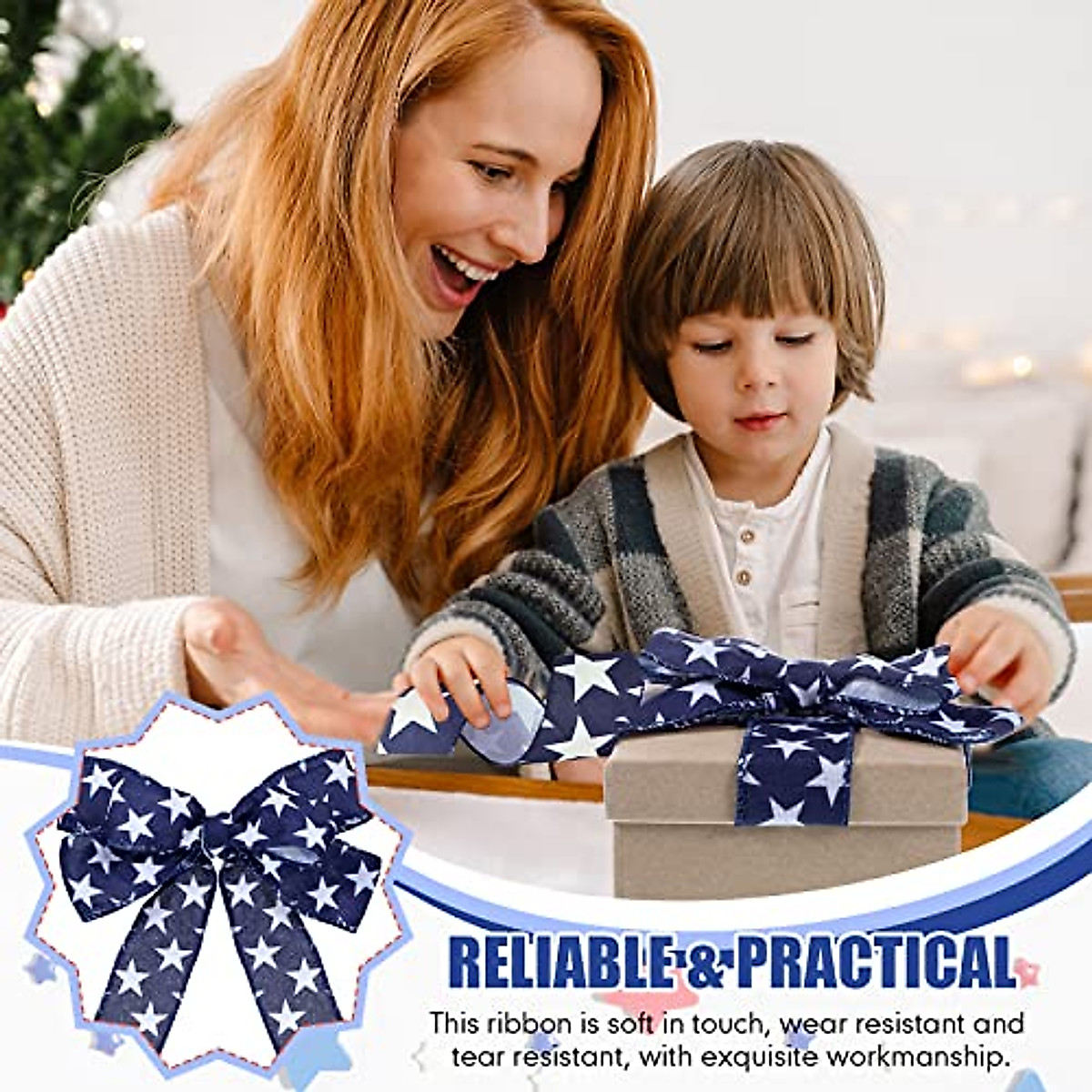 2 Rolls 20 Yard Red White and Blue Ribbon Patriotic Star and Striped Wired Ribbon Royal Blue USA Ribbon DIY Crafts for 4th of July, Independence Day, Memorial Day (Red, White, Blue, 1.5 Inch)