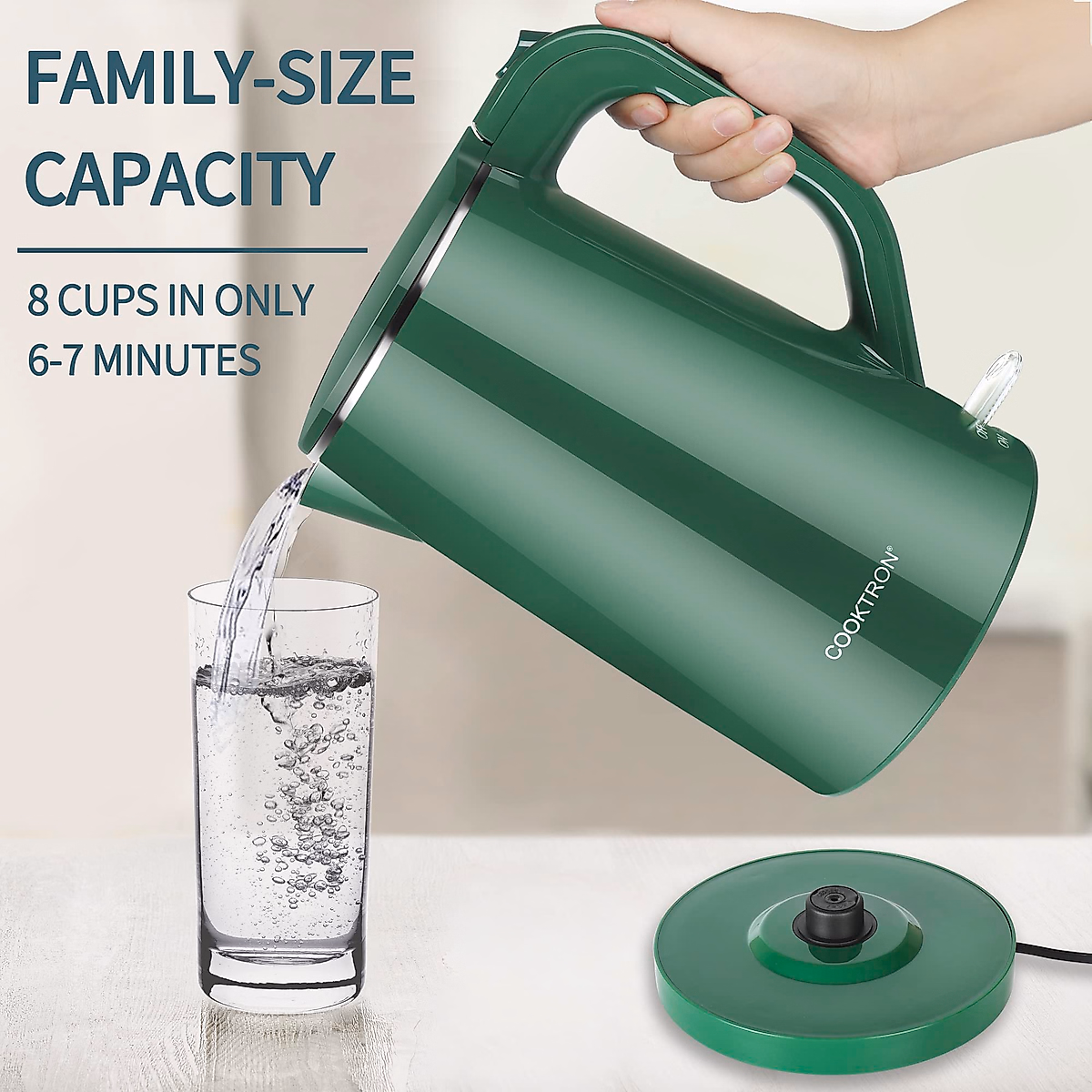 COOKTRON 1.7L Electric Kettle Quiet, Double Wall Hot Water Boiler BPA-Free, Quiet Boil and Cool Touch Tea Kettle, Cordless with Auto Shut-Off & Boil Dry Protection, 1500W Fast Boiling, dark green