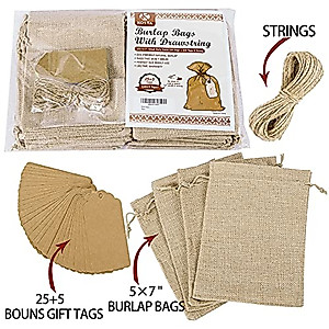 25 Burlap Bags with Drawstring Closure 5" x 7" Closure Gift Bags for Wedding Party, Arts & Crafts Projects, Presents, Snacks & Jewelry, Kitchen Storage Biodegradable Linen Sack Pouch Tags