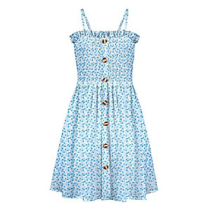 Arshiner Girls Summer Dresses Casual Floral Button Swing Midi Dress Light Blue Floral Litter Girls