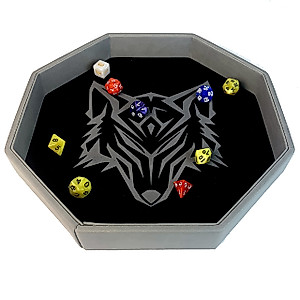 Luck Lab 11.5 Inch Dice Tray – Black and Grey - Big Octagonal Dice Tray with Luxurious Rolling Area for RPG Table Top Gaming Like D&D - Wolf Design