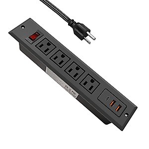 Recessed Power Strip with Type C 20W PD Fast Charge Desk Power Outlet 4 Outlets 2 USB and 1 USB C Built in Furniture Extension Power Plug for Dorm Office (Black)