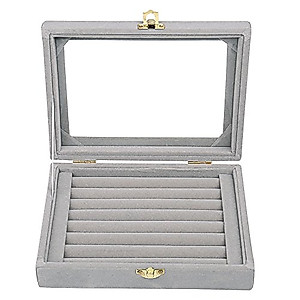 Velvet Glass Jewelry Ring Display Stand Storage Box Ring Earrings Jewelry Box Ring Holder Case (Grey)