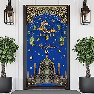 FARMNALL Eid Ramadan Mubarak Door Cover Ramadan Decorations Moon and Star Mosque Lattern Islamic Decorations Door Banner Holiday Decor Pattern Supplies for Home Office