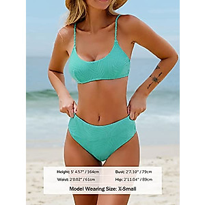 CUPSHE Women Swimsuit Bikini Set Two Piece Bathing Suit High Waisted Ribbed Texture Asymmetrical Bottom, XL Light Green