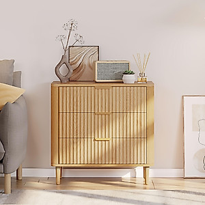 DWVO 3 Drawer Dresser, 32 inch Tall and Wider Modern Closet Dressers Chest of Drawers with Waveform Fluted Panel, Wood Storage Dresser Organizer for Dorms, Flats, Living Rooms, Hallways, Natural Oak