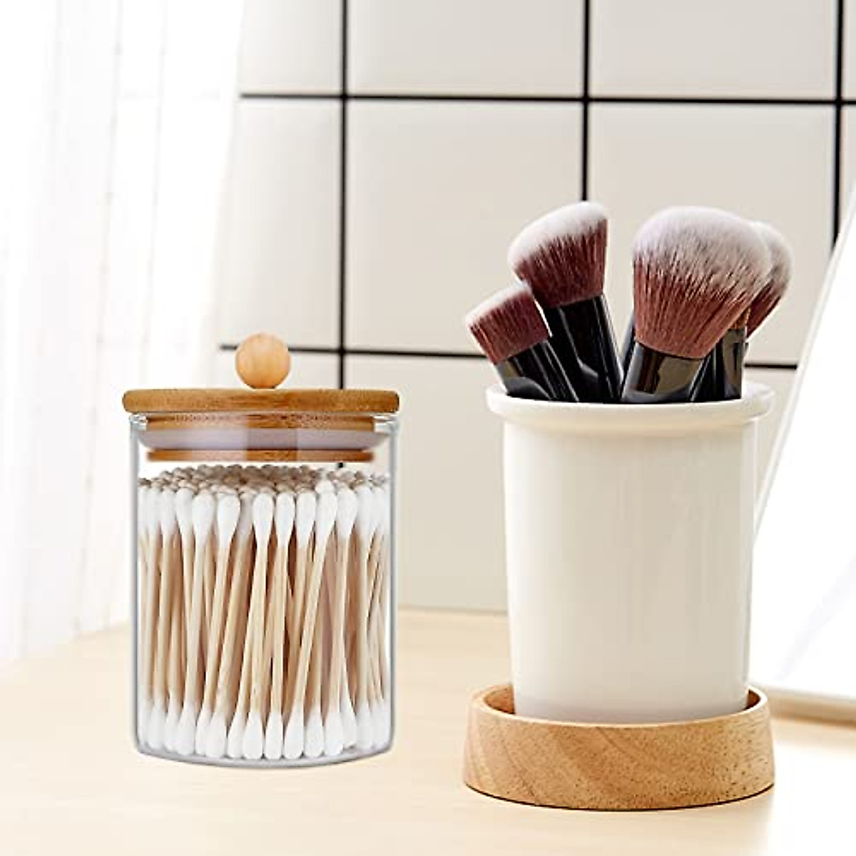 OZZEGCOO Qtip Holder with Bamboo Lids, 16pcs Glass Bathroom Apothecary Jars Set
