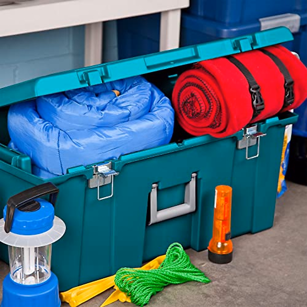 Sterilite 16 Gallon Lockable Storage Tote Footlocker Toolbox Container Box with Wheels, Handles, Metal Handles, and Latches, Teal with Gray Clips