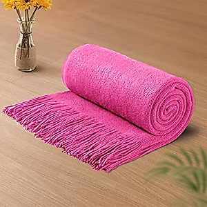 Vonty Hot Pink Knitted Blanket with Tassels Fringe 50" x 60", Super Soft Knit Throw Blanket, Farmhouse Decorative Lightweight Blanket for Couch, Sofa, Bed