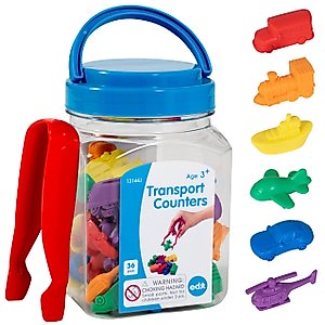 edxeducation Transport Counters - Mini Jar - Set of 36 - Learn Counting, Colors, Sorting and Sequencing - Hands-on Math Manipulative for Kids