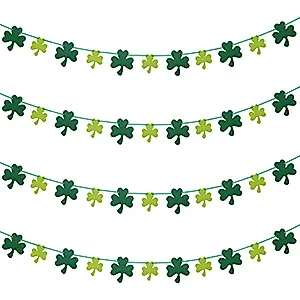 Whaline 4Pcs St. Patrick's Day Banner with String Long Felt Shamrock Banner Pre-Assembled Light Dark Green Clover Banner Fireplace Wall Hanging for Party Home Decoration
