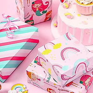 LeZakaa Birthday Wrapping Paper Roll - Mini Roll - Mermaid/Rainbow/Stripe Design for Girls, Kids, Women - 17 x 120 inches, 3 Rolls (42.5 sq.ft.ttl.)