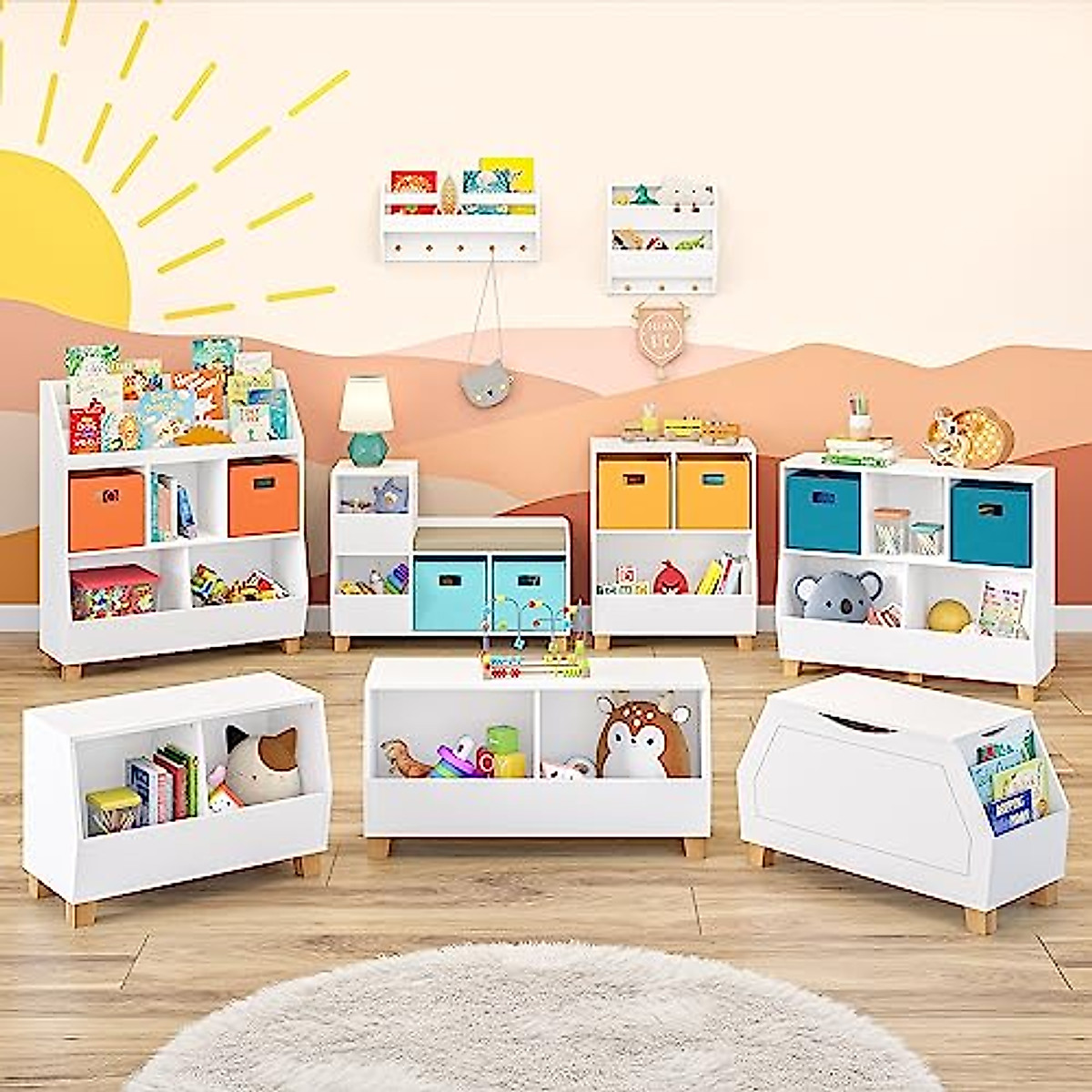 RiverRidge Kids Catch-All Collection Toy Box with Side Book Shelves Child-Safe Toy Storage Organizer With Childrens Bookshelf Side Slots For Kids Game And Book Storage - White