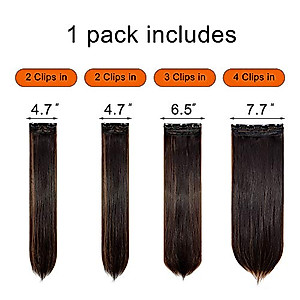 LELINTA 24" Straight Long 4 PCS Set Thick Clip in on Synthetic Hair Extensions Hairpieces for Women Dark Brown Mix Light Auburn