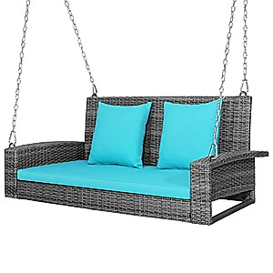 UIIAIOUIAIO 2-Person Wicker Hanging Porch Swing Bench, Front Porch Swing Outdoor Chair with Cushions 800lbs Weight Capacity for Backyard, Garden (Turquoise)