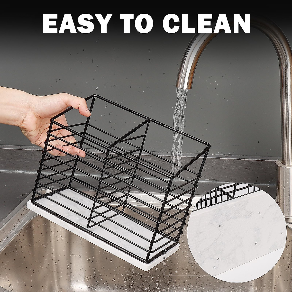 Jeasor Utensil Holder for Kitchen Counter, Metal Utensil Holder Rack for Kitchen Countertop, Cooking Tools Storage for Spatula, Utensil Organizer with Sturdy Base, and Drainage Hole (Black Marble)