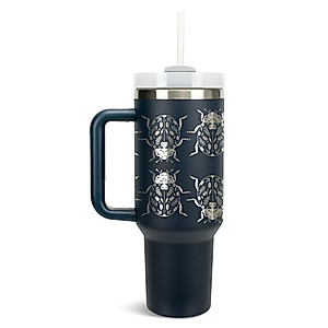 Elanze Designs Floral Beetle Bug Insect 40 oz. Stainless Steel, Large Water Bottle Coffee Mug, Spill & Leak Resistant, Thermal Travel Tumbler with Handle, Lid & Straw, Navy Blue