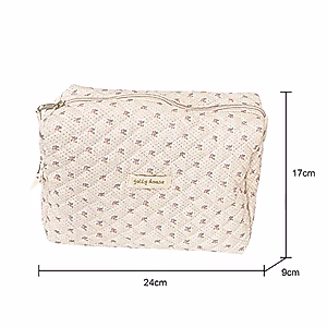 Lushandy Kawaii Floral Makeup Bag Coquette Aesthetic Cosmetic Bag Large Travel Makeup Organizer Cute Pouch Cotton Quilted Toiletry Bag