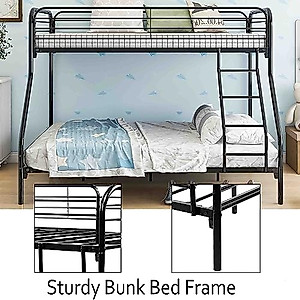 RIDFY Metal Bunk Bed with Guardrail and Ladders, Heavy Duty Twin Over Full Beds Frame for Kids/Teen/Adults, Space-Saving, Noise Free, No Box Spring Needed, Easy Assembly (Black)