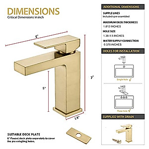 Brushed Gold Bathroom Faucet Single Hole, Modern Brass Bathroom Sink Faucet, Orlando Single Handle Vanity Faucet with Pop-up Drain Assembly and Supply Line, Brushed Gold