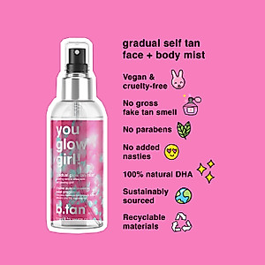 b.tan Face & Body Self Tanner Mist | You Glow Girl - Lightweight, Daily Gradual Sunless Tanner Mist For Glowing Skin All Day Long, Quick Drying, Streak-Free, Vegan, 3.38 Fl Oz