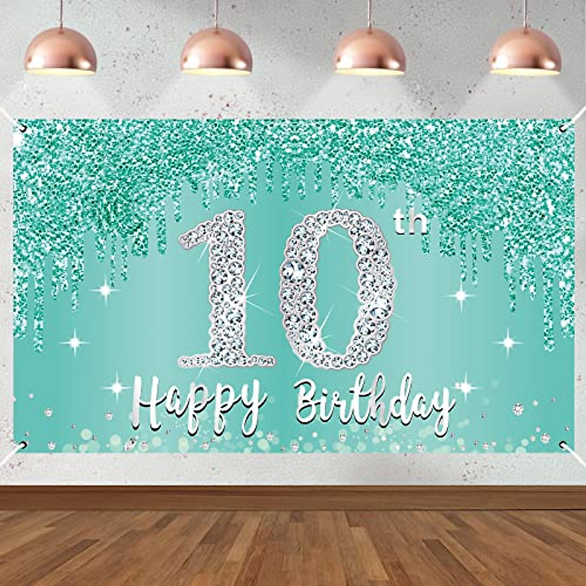 Teal Silver 10th Birthday Banner Decorations for Girls, Breakfast Blue Happy 10th Birthday Backdrop Party Supplies, Ten Year Old Birthday Poster Background Photo Booth Props Decor