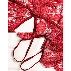 Ababoon Women One Piece Lingerie Lace Sexy Baby Dolls Teddy Sleepwear (Wine Red, M)