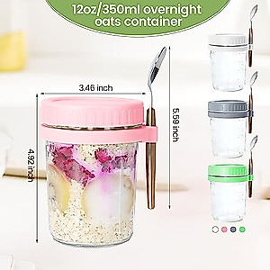HYANITEQ Overnight Oats Jar Overnight Oats Container with Lid and Spoon Set of 4,12 oz Wide Mouth Mason Jars with Lid for Cereal Large Airtight Capacity Jar Portable Breakfast Container