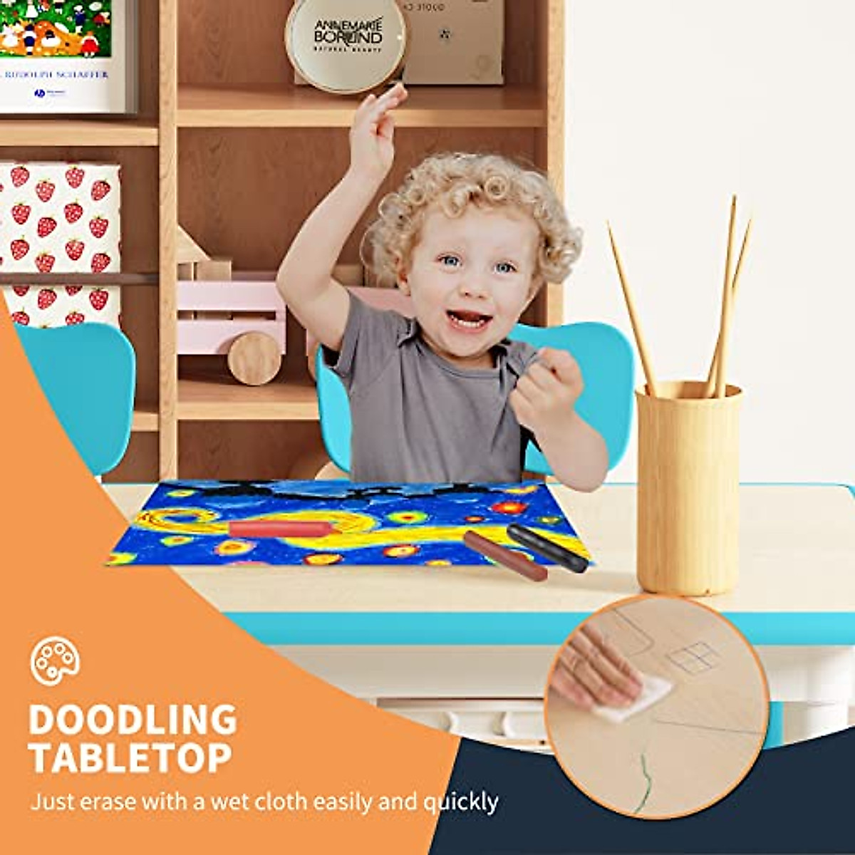 wanan Kids Table and 4 Chairs Set, Multi Levels Height Adjustable Toddler Table and Chairs Set for Daycare, Classroom, Home, Playroom, Easy to Clean Arts & Crafts Table for Ages 2-10 (Light Blue)