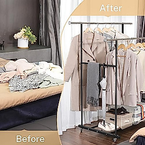 VICERII Double Clothing Rack, Heavy Duty Clothes Rack with Wheels and Extra Wide Bottom Shelf, 52.36’’ Garment Racks for Hanging Clothes, Coats, Shirts, Skirts, Dresses, 130LB Capacity, Black