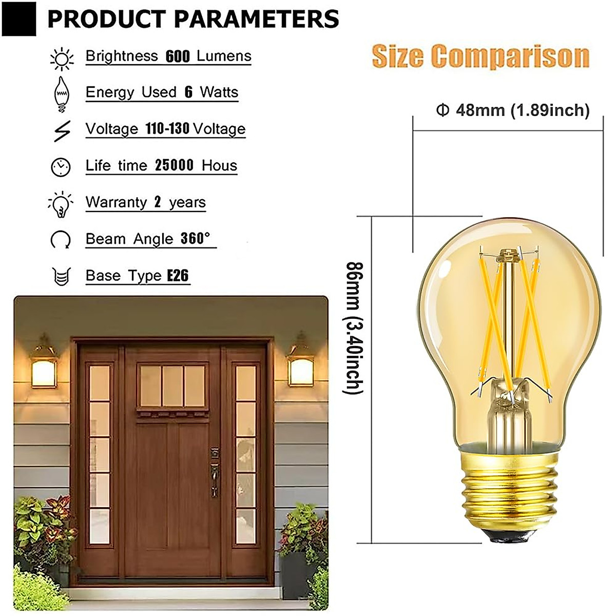 LEOOLS Dimmable E26 Amber led Bulb 6W Equal 60 watt Vintage LED Edison Bulb AC120V 2700K A15 LED Bulb for Ceiling Fan Light Bulbs,Refrigerator Light Bulb 600LM 6Pack