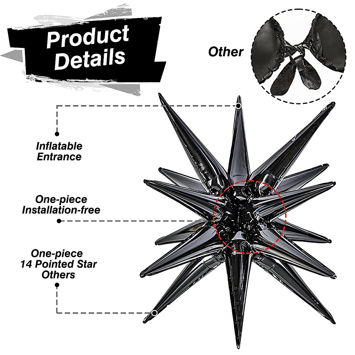 RUBFAC 10 Pcs Black Star Balloons, 14 Point Explosion Star Balloons, 22/27Inch Black Foil Starburst Balloon for Birthday Baby Shower Wedding Disco Party Decorations Supplies