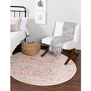 Unique Loom Whitney Collection Traditional Border Powder Pink Round Rug (3' 3 x 3' 3)