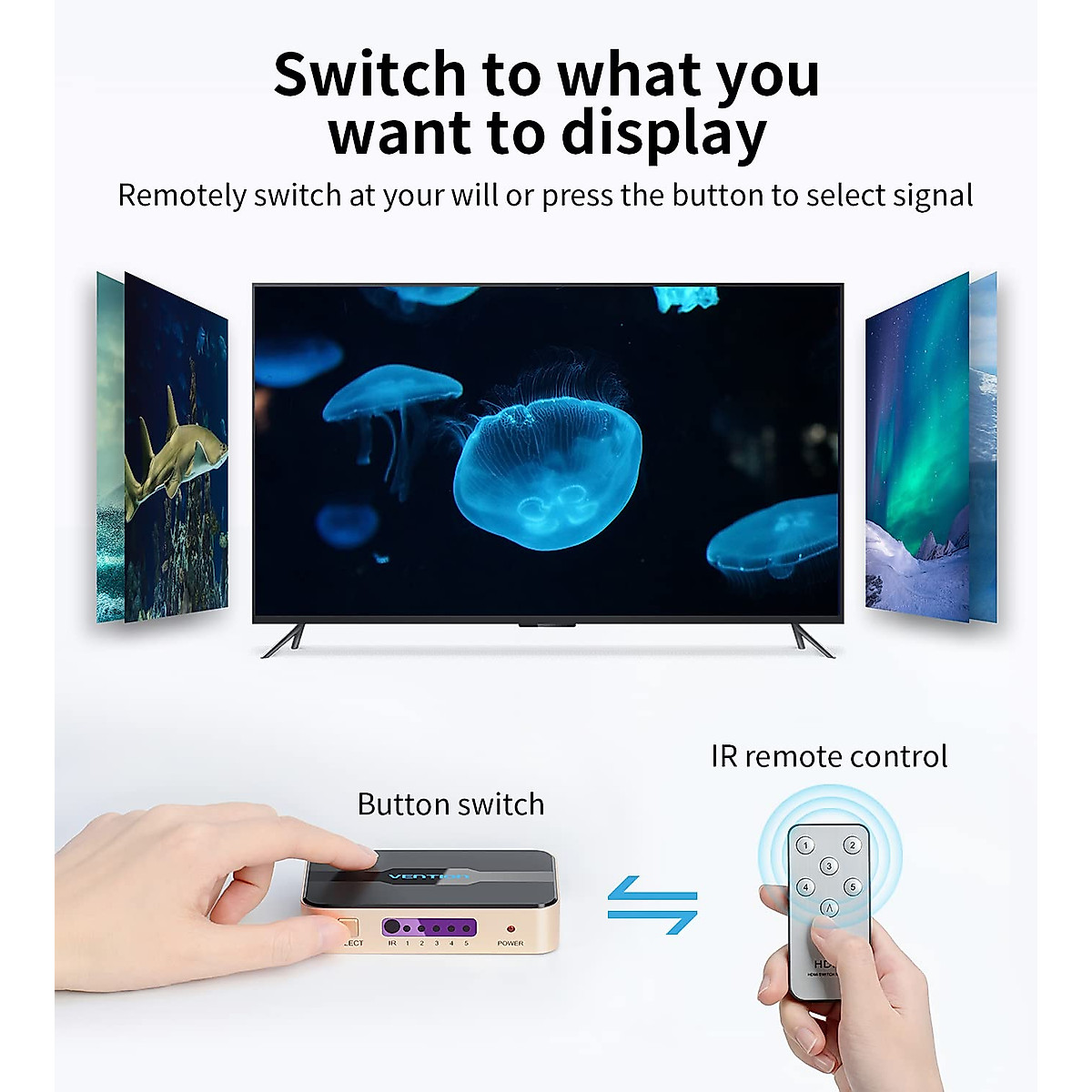 VENTION HDMI Switch 5 in 1 Out 4K@30Hz HDMI Selector Switch with IR Remote HDMI 1.4 HDCP 1.4 Support 4K HD 3D 1080P 2160P HDMI Switch Box for Roku, Apple TV, PS5/4/3, Fire Stick