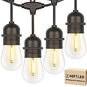 48FT LED Outdoor String Lights S14 Waterproof Shatterproof Patio Lights with 15 Sockets Dimmable Light Strings with Edison Bulbs Connectable Commercial Grade Hanging Lights for Party Garden Porch